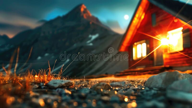 Cozy Cabin at Sunset with Mountain View and Vibrant Sky Stock Image ...