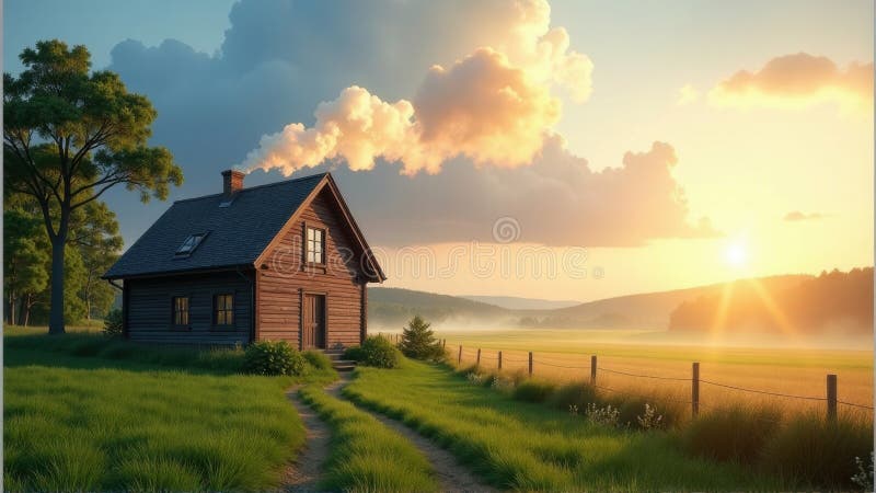 Cozy Cabin at Sunset in a Serene Meadow Stock Illustration ...