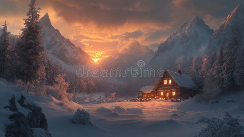 Cozy Cabin Sunset in Snowy Mountain Valley Stock Illustration ...