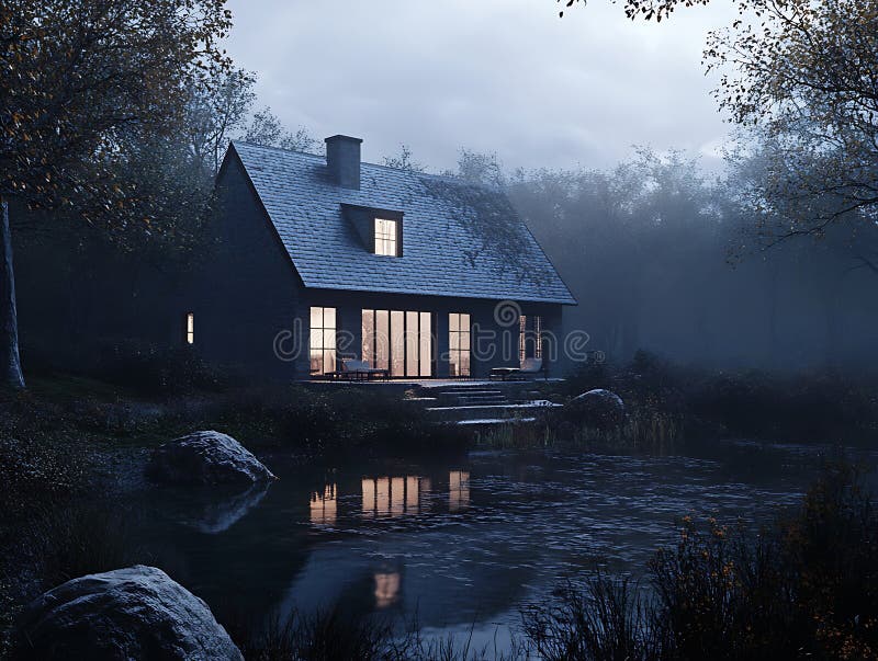 A Cozy Cabin Surrounded by a Misty Forest at Twilight Stock ...