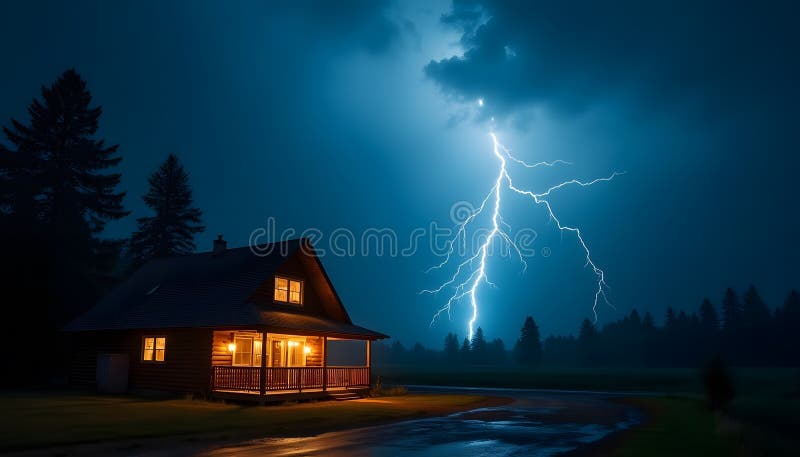 Cozy Cabin Under Dramatic Lightning Strike Stock Illustration ...