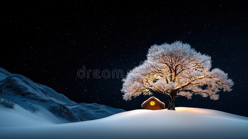 A Cozy Cabin Under a Snowcovered Tree at Night with Stars in the Sky ...
