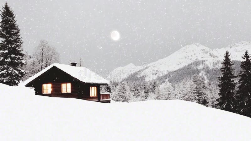 Cozy Cabin Under a Snowfall Night in a Snowy Mountain Landscape Stock ...