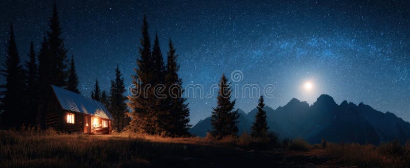 The Cozy Cabin Under a Starry Night Sky with Majestic Mountains in View ...