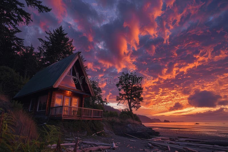 Serene Cabin Sunset by the Sea Stock Photo - Image of colorful, purple ...