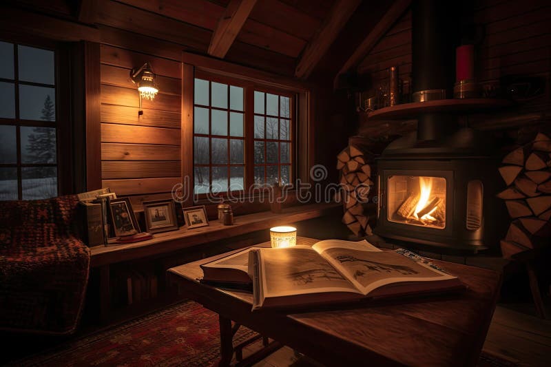 Cozy Cabin with Warm Fire, Hot Coffee, and Book on the Table Stock ...