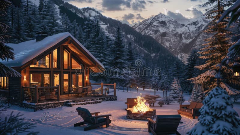 A Cozy Cabin with a Warm Fire in the Snow. Ideal for Winter Themes ...