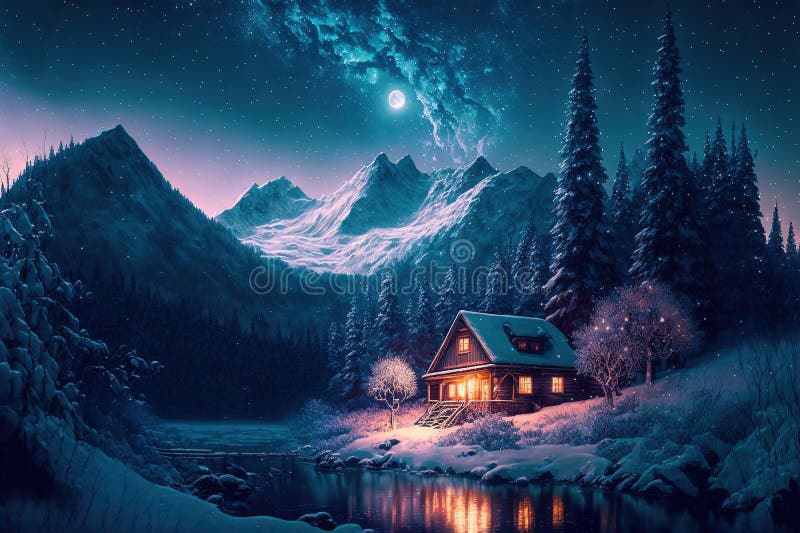 Cozy Cabin in Winter Mountains with Lit Windows. Beautiful Night ...