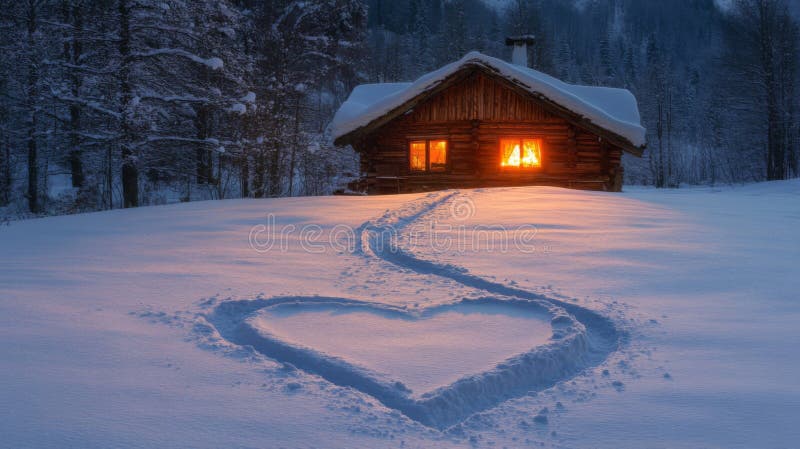 Cozy Cabin Winter Snow Heart Path Scene Stock Illustration ...