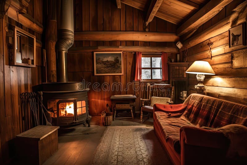 A Cozy Cabin, with Wood Paneling and a Warm Fireplace Stock ...