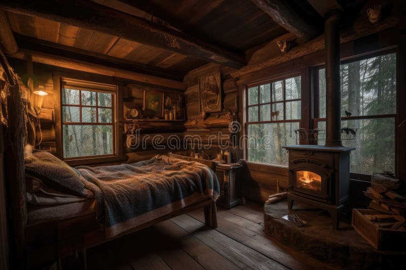 Cozy Cabin in the Woods, with a Crackling Fire and Warm Bed Stock ...