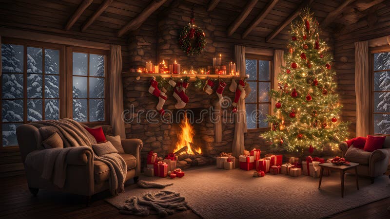 A Cozy Cabin in the Woods, with a Roaring Fire and a Christmas Tree ...