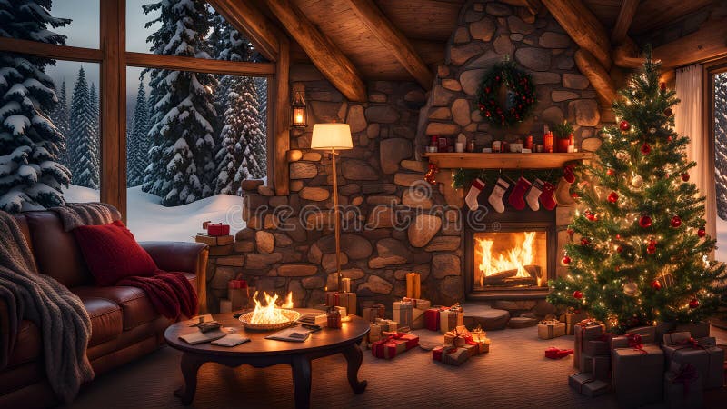 A Cozy Cabin in the Woods, with a Roaring Fire and a Christmas Tree ...