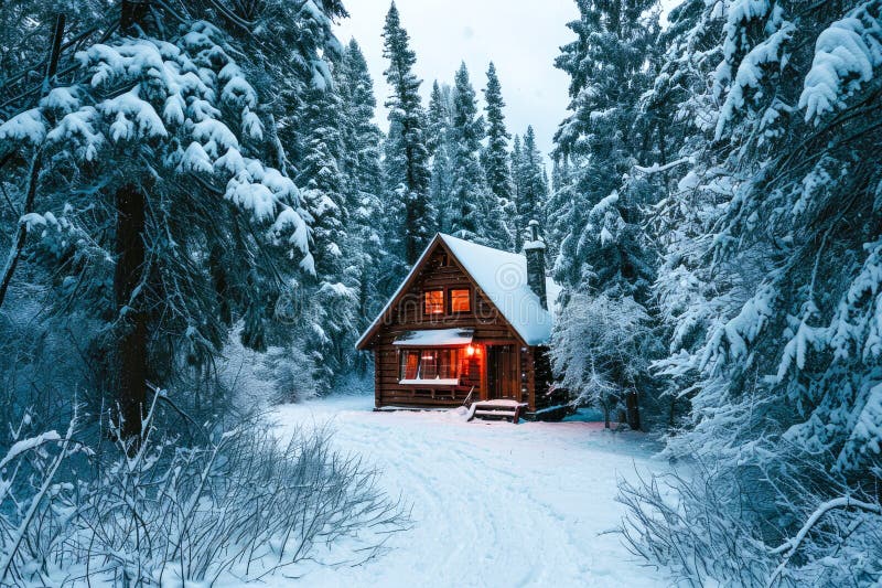 Cozy Cabin in the Woods, Surrounded by Snow Stock Image - Image of ...