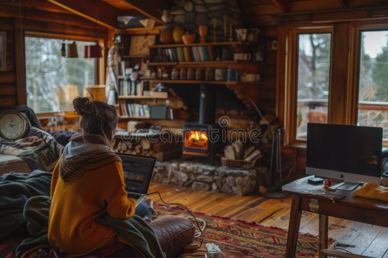 Cozy Cabin Workspace with a Charming Fireplace for a Productive Work ...