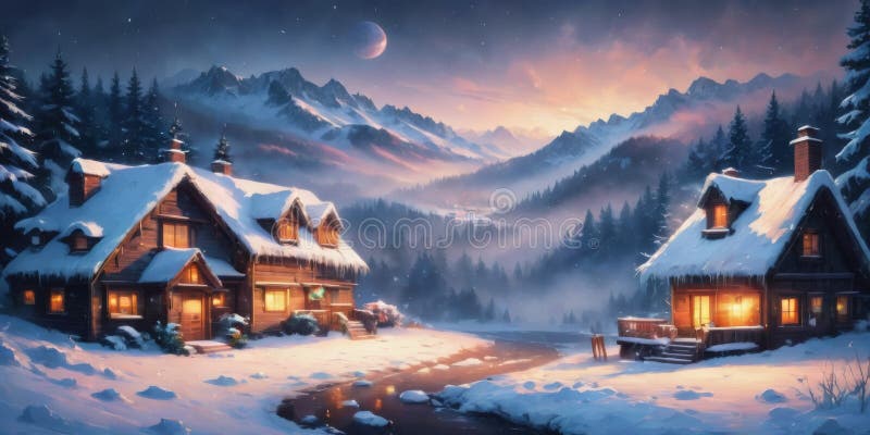Cozy Cabins Nestled in a Snowy Mountain Valley Stock Illustration ...