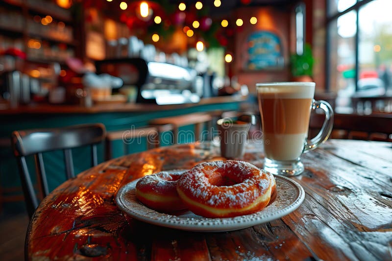 Cozy Café Setting with Powdered Donuts and Layered Cappuccino on a ...