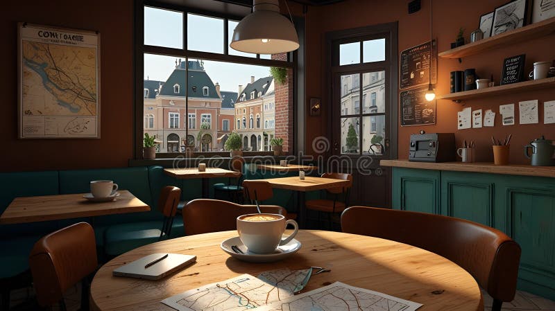 A Cozy Cafe Corner with a Laptop, Coffee, and a Map Stock Illustration ...