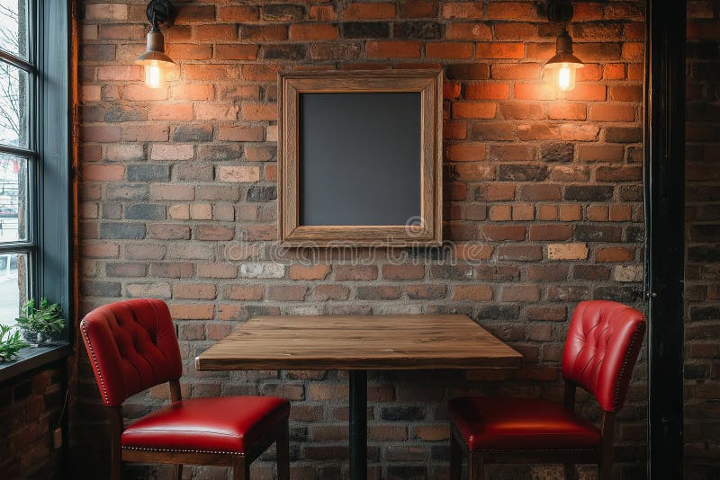 Cozy Cafe Corner with Red Chairs, Rustic Wooden Table, and Empty Frame ...
