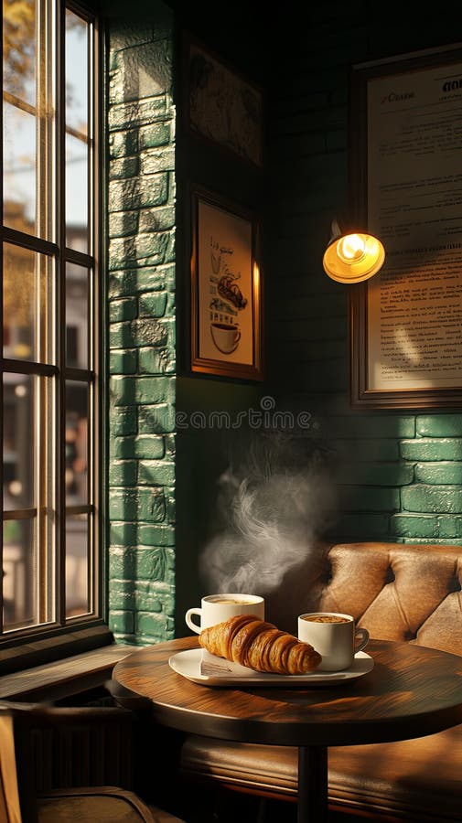 A Cozy Cafe Corner with a Steaming Latte and Croissant. Stock Photo ...