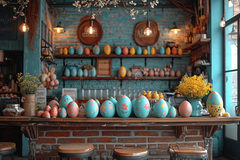 A Cozy Cafe, Decorated with Spring Flowers and Colorful Easter Eggs ...