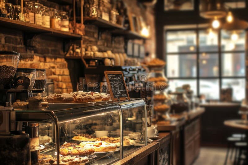 Cozy Cafe Interior Featuring a Rustic Style. a Display Case Filled with ...