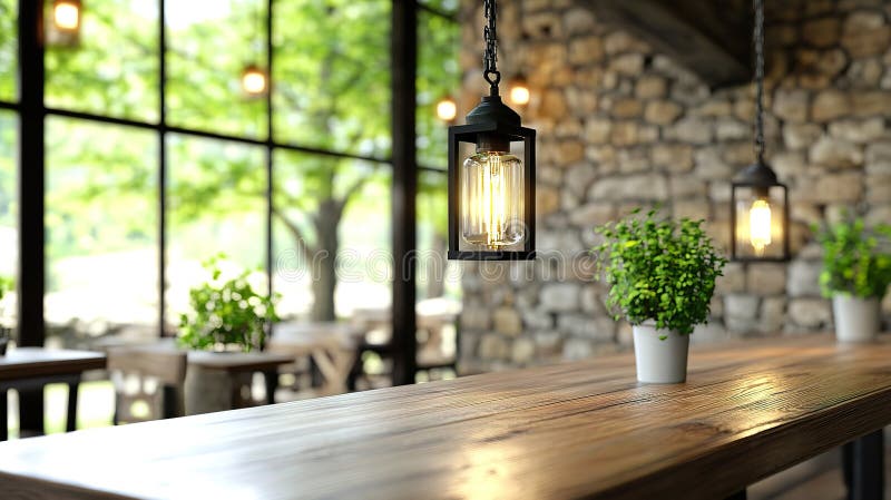 Cozy Cafe Interior with Rustic Lighting and Greenery by Stone Accent ...