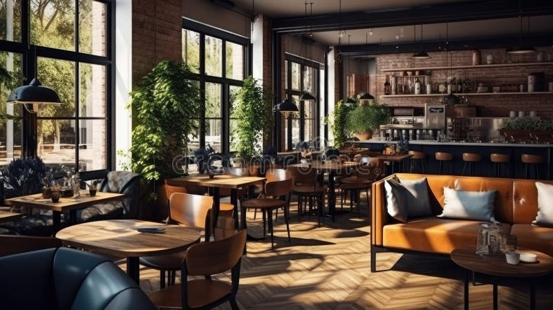 Cozy Cafe Interior with Sofas and Tables for Quick Lunch, Angle View ...