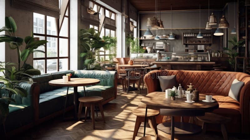 Cozy Cafe Interior with Sofas and Tables for Quick Lunch, Angle View ...