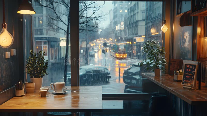 Cozy Cafe Interior with a View of a Rainy Street Outside Stock ...