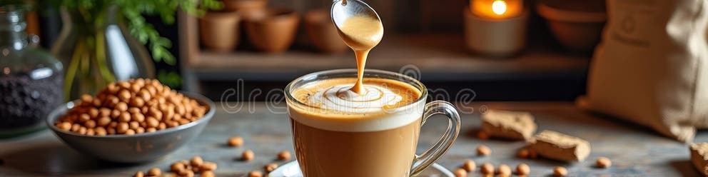 Cozy Cafe Latte with Cream Drizzle and Soybeans on Rustic Table Stock ...