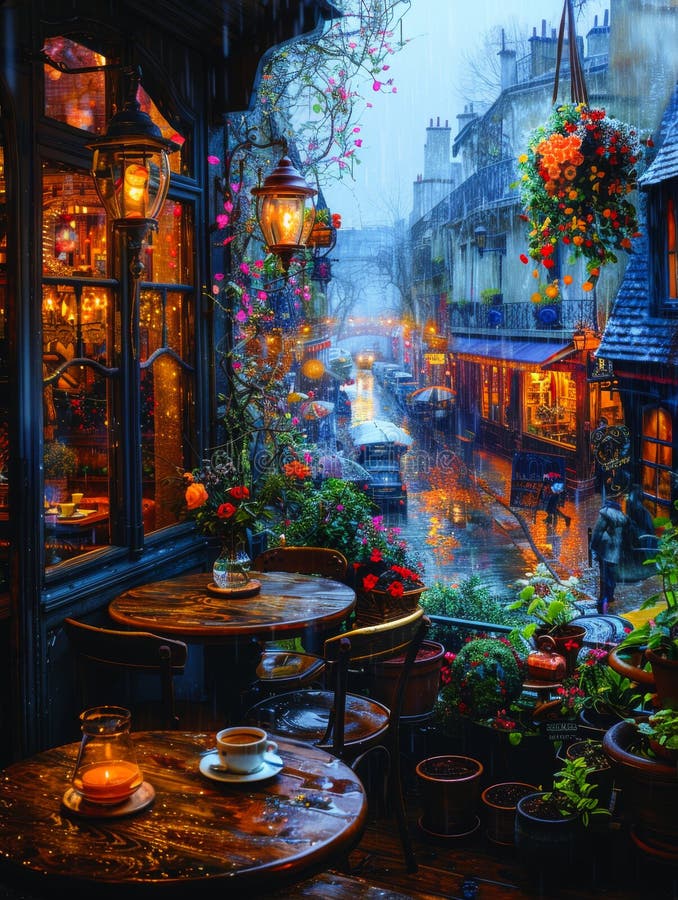 Cozy Cafe in the Old Town in the Rain Stock Photo - Image of ...
