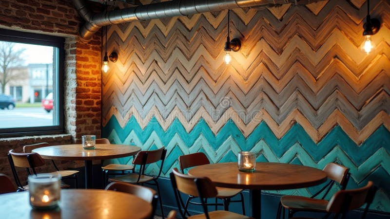 Cozy Cafe with Rustic Decor and Chevron Wall Design Stock Photo - Image ...