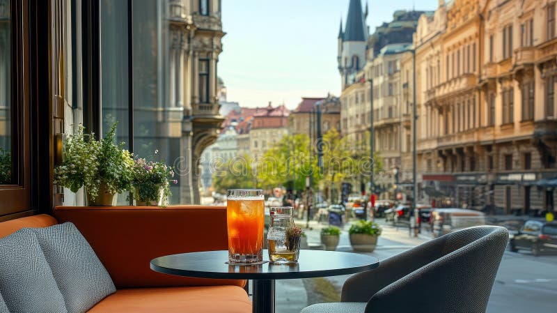 Cozy Cafe with Scenic City View and Refreshing Drinks on a Sunny Day ...