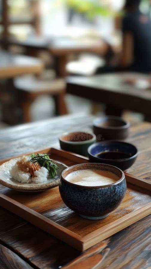 Cozy Cafe Setting with Coffee and Rice Dish on Wooden Table Stock ...