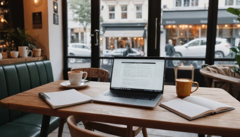 A Cozy Cafe Setting with a Laptop, Coffee, and Notebooks on a Wooden ...