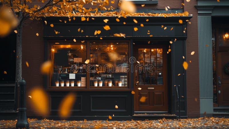 Cozy Cafe Storefront with Falling Autumn Leaves Stock Photo - Image of ...