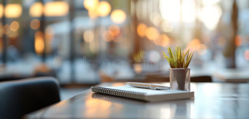 Cozy Cafe Setting with Notebook and Plant at Sunset Stock Photo - Image ...