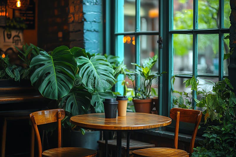 Cozy Cafe Table with Plants and Window View Stock Illustration ...