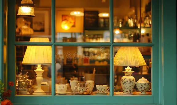Cozy Cafe Window at Night stock illustration. Illustration of display ...