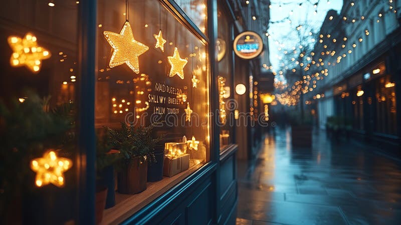 Cozy Cafe Window Display with Star Lights at Night Stock Illustration ...