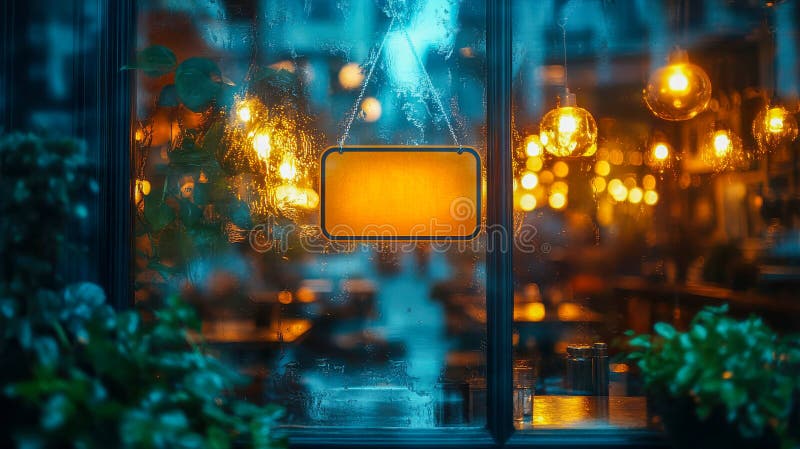 A Cozy Cafe Window with a Glowing Empty Sign and Warm Lights Reflecting ...