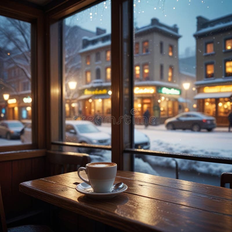 Cozy Cafe with Window Overlooking Winter Snowing Town Stock ...