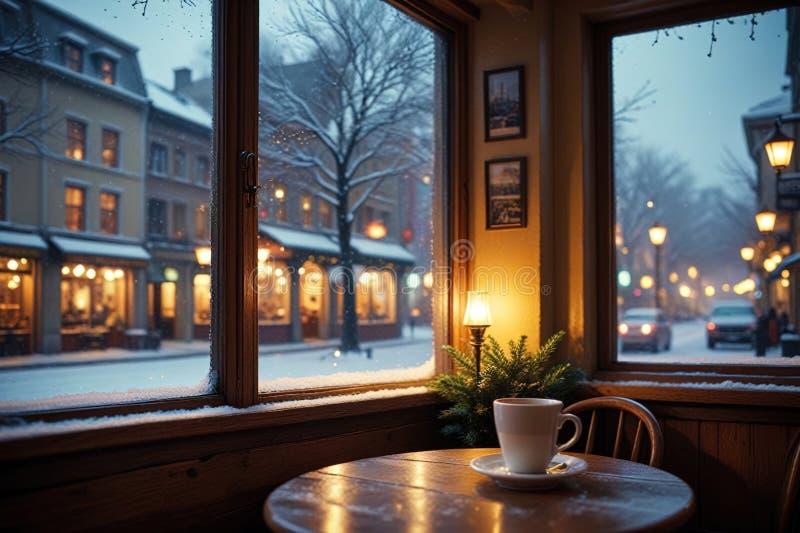 Cozy Cafe with Window Overlooking Winter Snowing Town Stock ...
