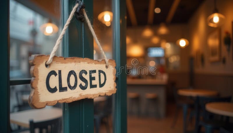 Cozy Cafeteria Interior with Closed Sign Hanging on Door at Evening ...