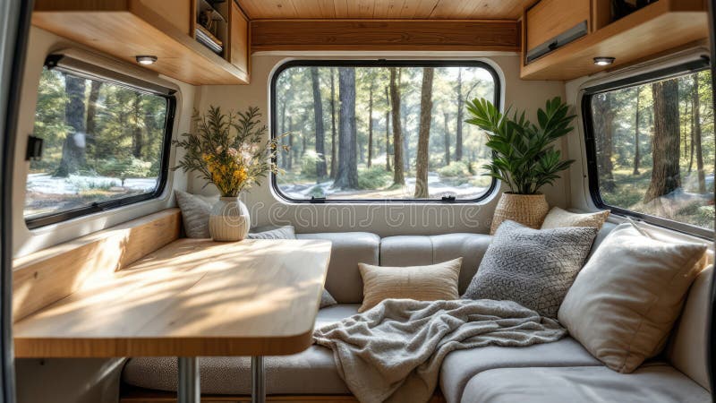 Cozy Camper Interior with Natural Light and Forest View. Generative AI ...