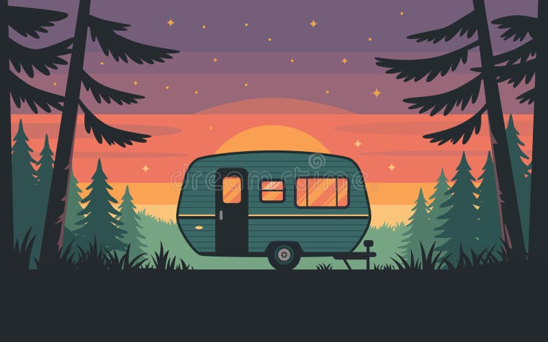 Cozy Camper at Sunset in the Forest Stock Vector - Illustration of ...