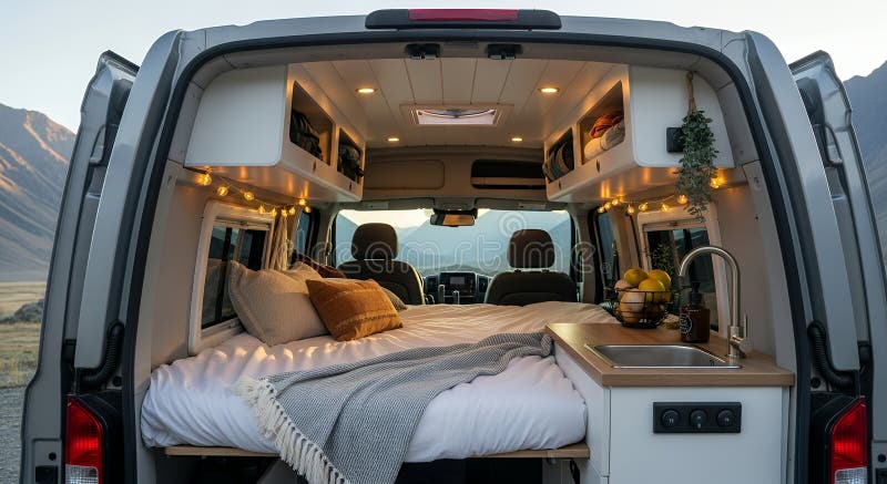 Cozy Camper Van Interior with Mountain View, Bed, and Ambient Lighting ...