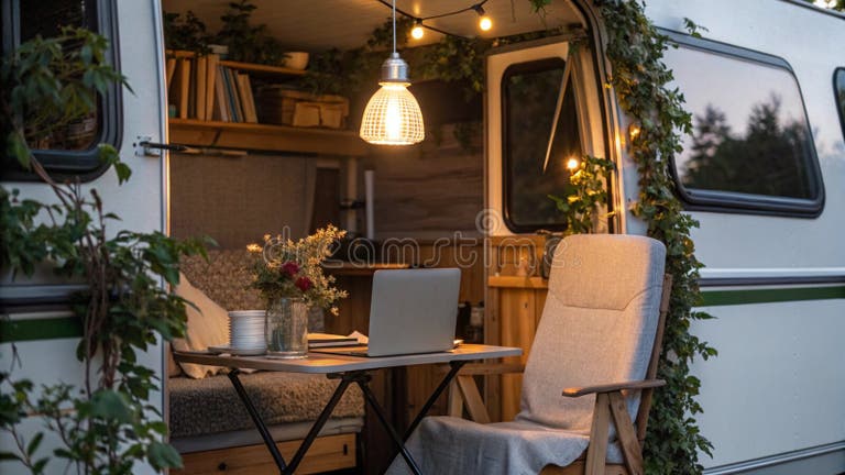 Close Up Remote Work in Camper Van with Hanging Light Suitable for Cozy ...