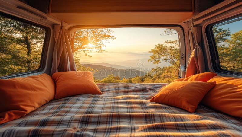 A Cozy Campervan Escape with a Comfortable Bed, Open Back Doors Framing ...